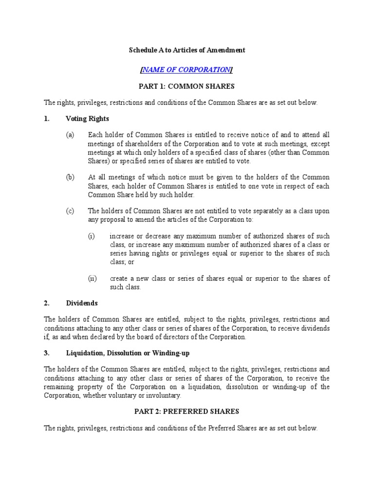 Sample Articles of Amendment Preferred Share Terms 20101028 | Download ...