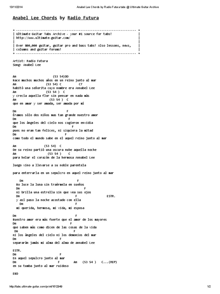 Anabel Lee Chords by Radio Futura Tabs at Ultimate Guitar Archive | PDF