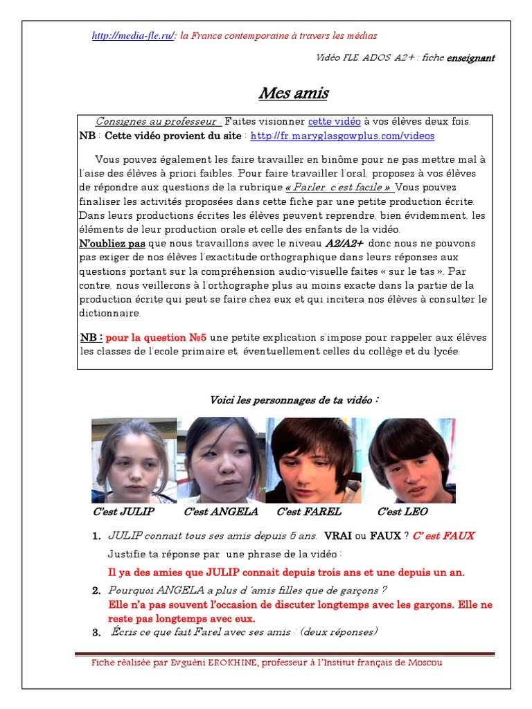 Activités FLE A2 sur l'amitié | PDF