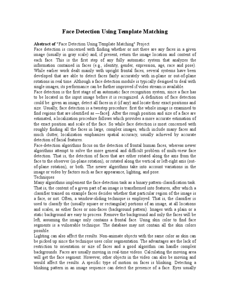 Face Detection Using Template Matching Pdf Areas Of Computer Science Science