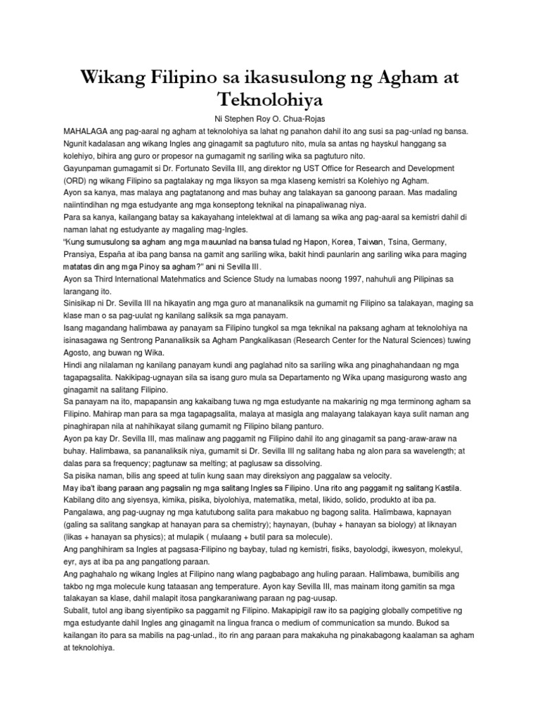 Wikang Filipino Sa Ikasusulong Ng Agham at Teknolohiya