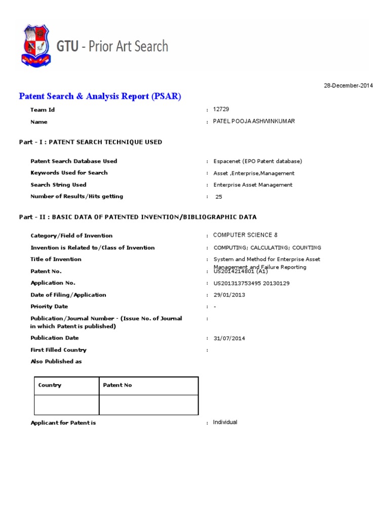 Patent Search & Analysis Report (PSAR) | PDF | Enterprise Resource ...