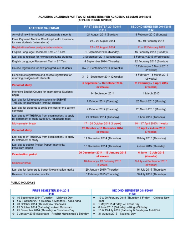 Academic Calendar FIRST SEMESTER 2014/2015 (141) SECOND SEMESTER 2014/ ...