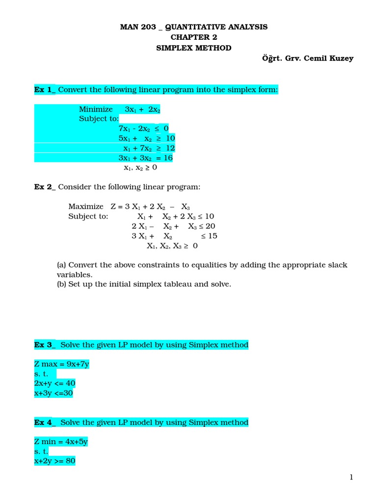 Man203 Chapter 2 Simplex Method | PDF | Linear Programming | Economic ...
