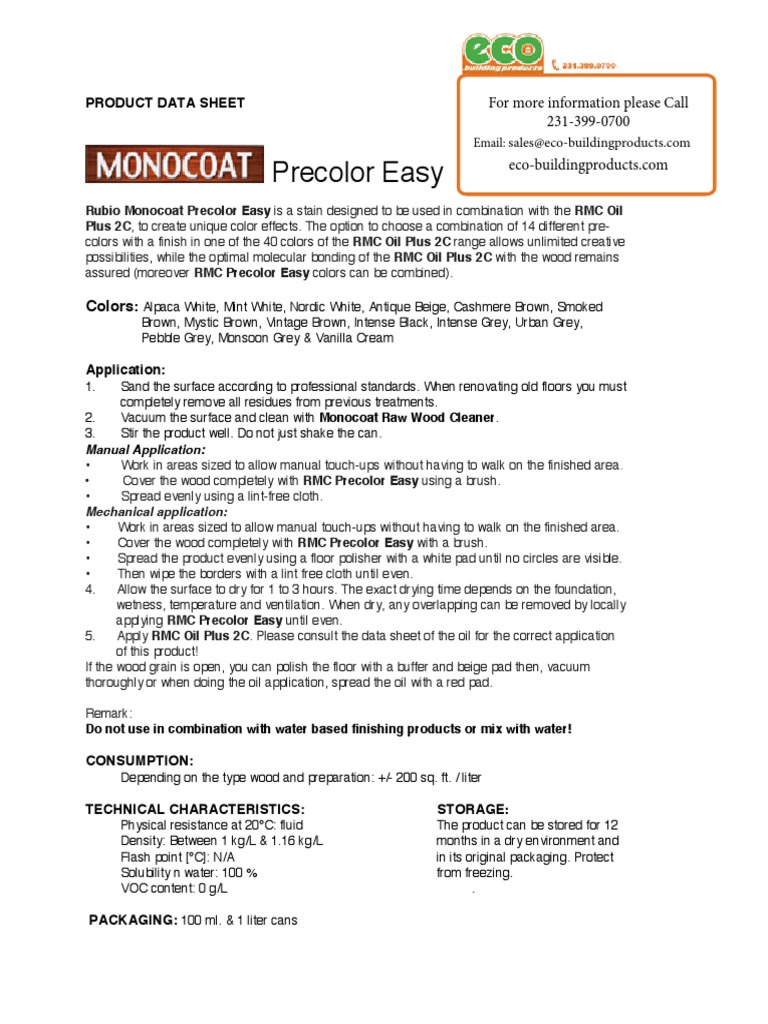 Rubio Monocoat Precolor Easy Data Sheet | PDF | Wood | Manmade Materials