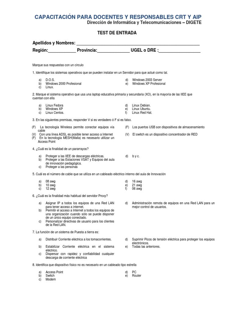 Examen de Entrada Aip | Descargar gratis PDF | Punto de acceso inalámbrico | Red de computadoras