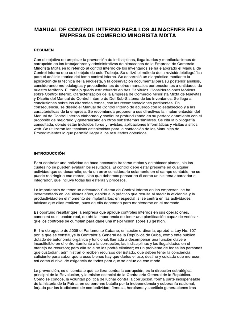 Manual de Control Interno para Los Almacenes en La Empresa de Comercio ...