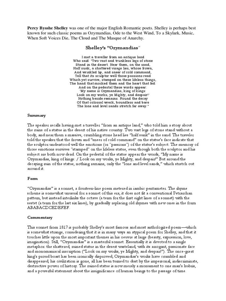 PB Shelley Ozymandias PDF Sonnets Literary Criticism