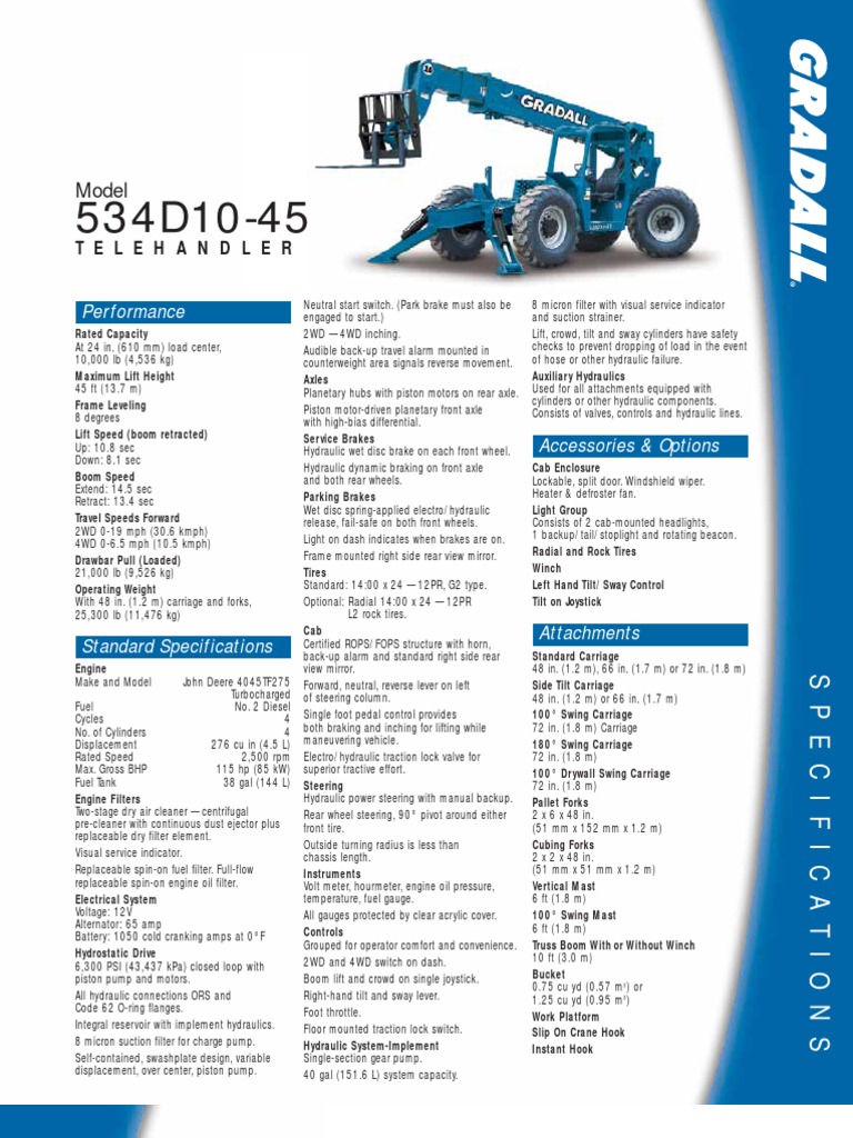 Gradall 534D10 Telehandler Product Brochure | PDF | Brake | Elevator
