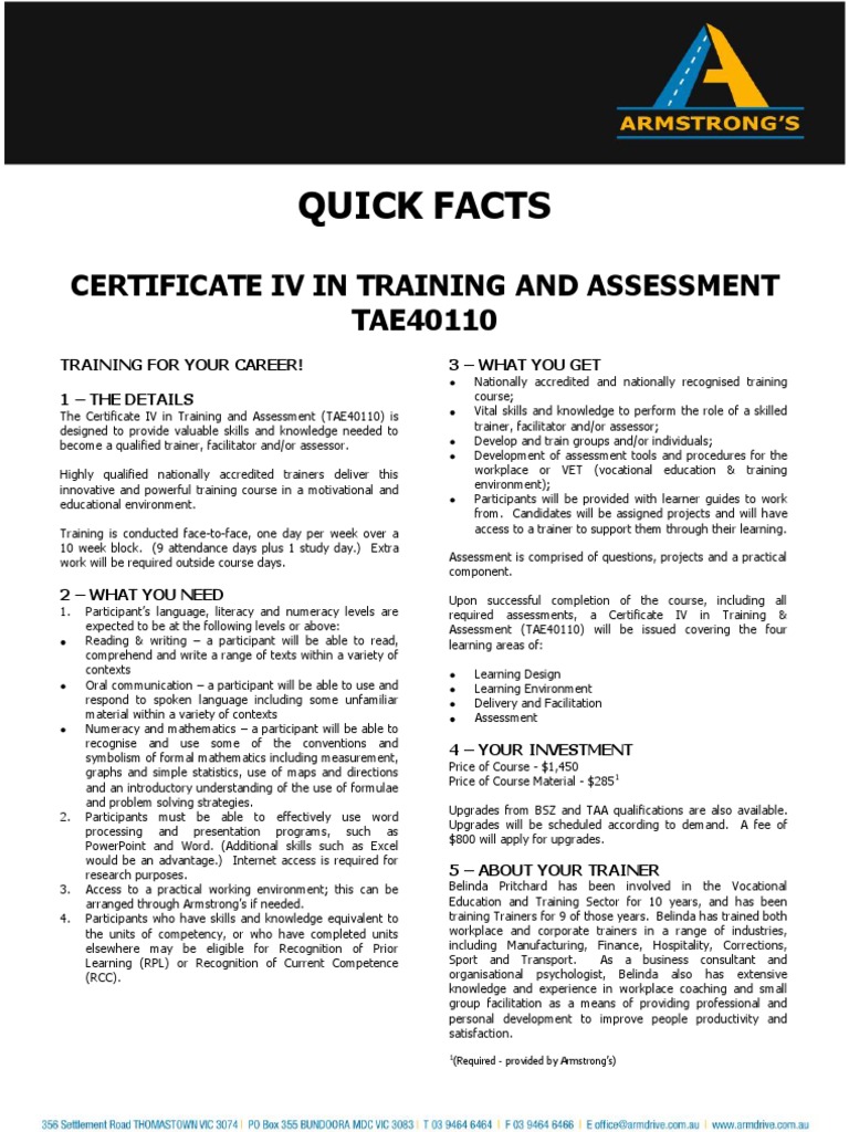 Quick Facts: Certificate Iv in Training and Assessment TAE40110 | PDF ...