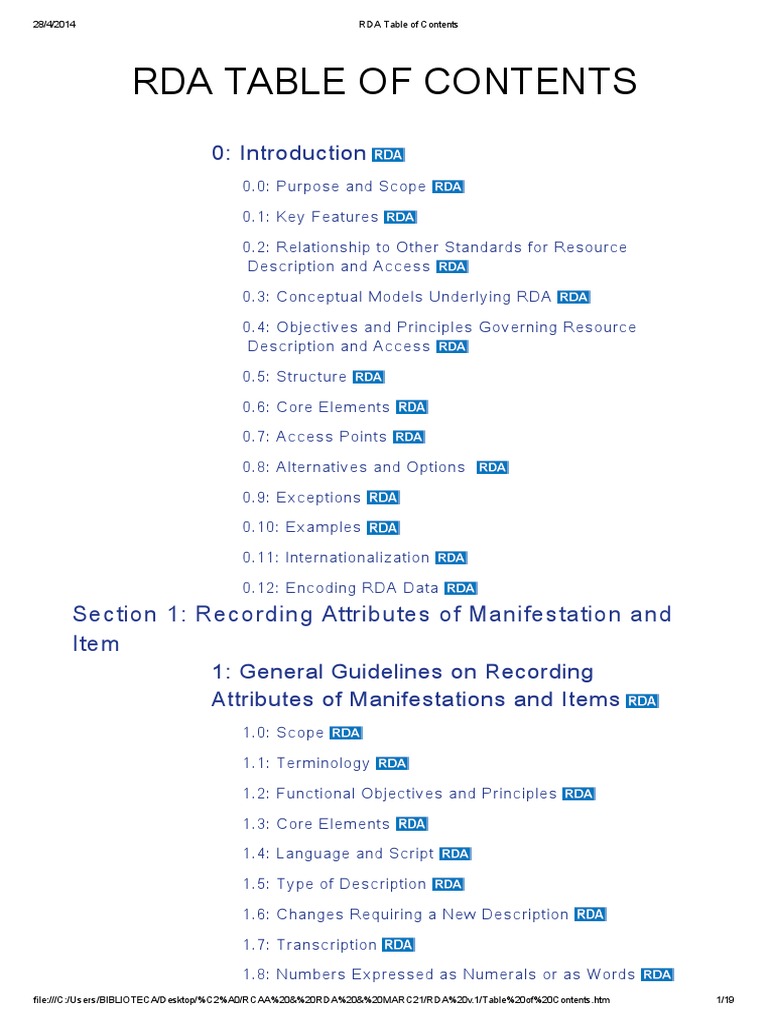 RDA Table of Contents | PDF | Alphabet | Scope (Computer Science)