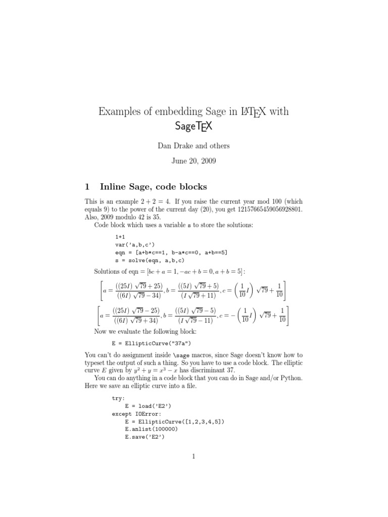 Examples of Embedding Sage in L Tex With Sagetex: 1 Inline Sage, Code ...