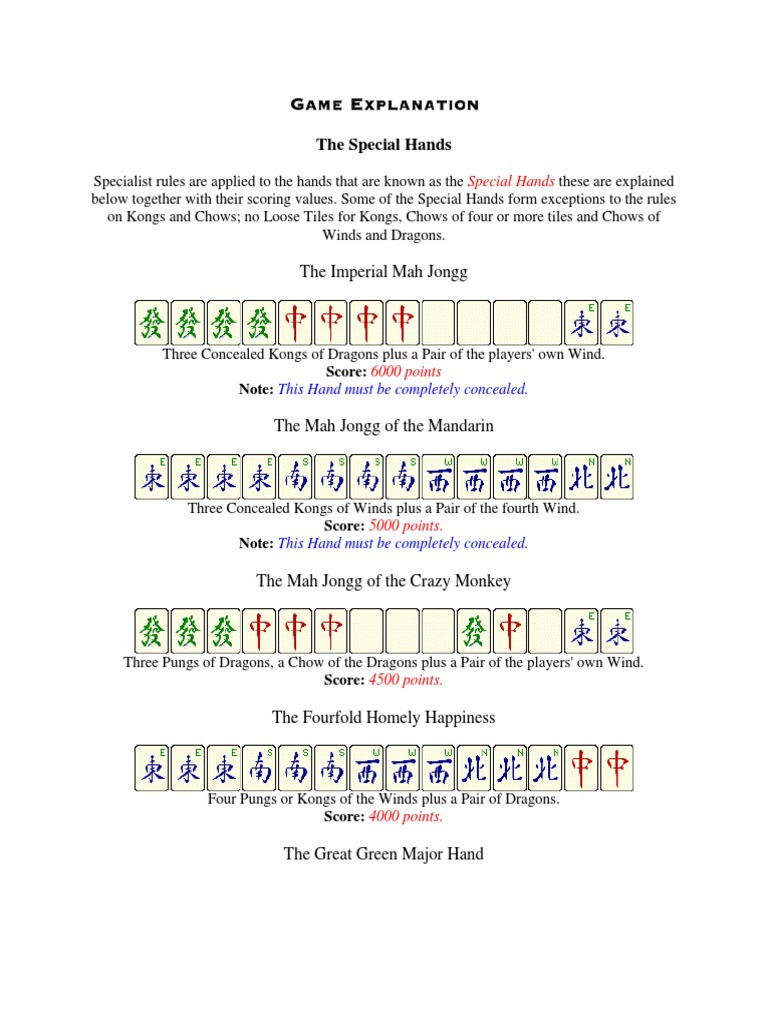 Special Mah Jongg hands and scoring rules | PDF | Mahjong | Games Of ...