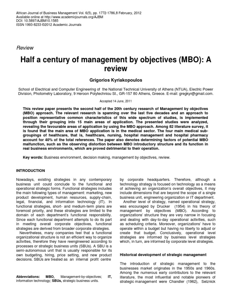 Half A Century of Management by Objectives (MBO) : A Review | PDF ...