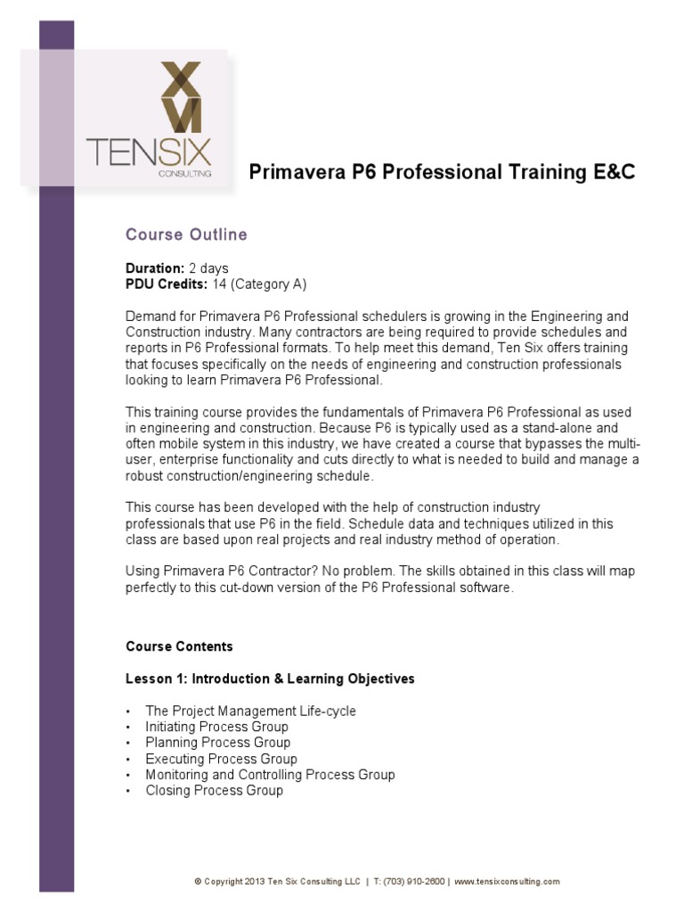 Ten Six Primavera P6 Professional EC Course Outline | PDF | Engineering ...