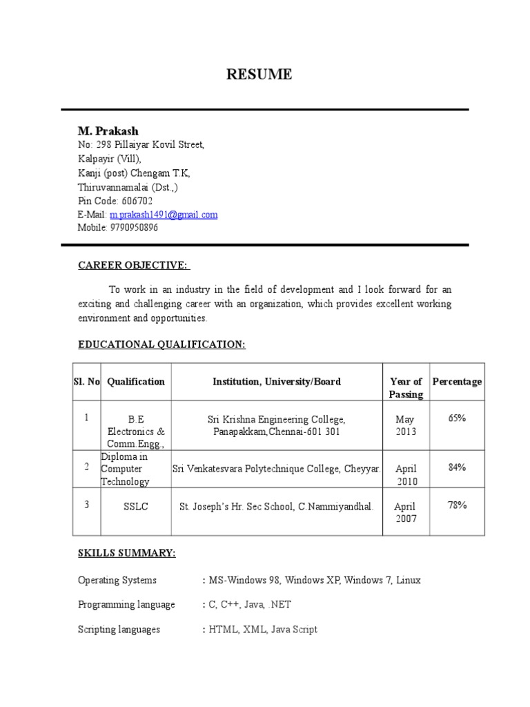 M. Prakash's Engineering Resume | PDF