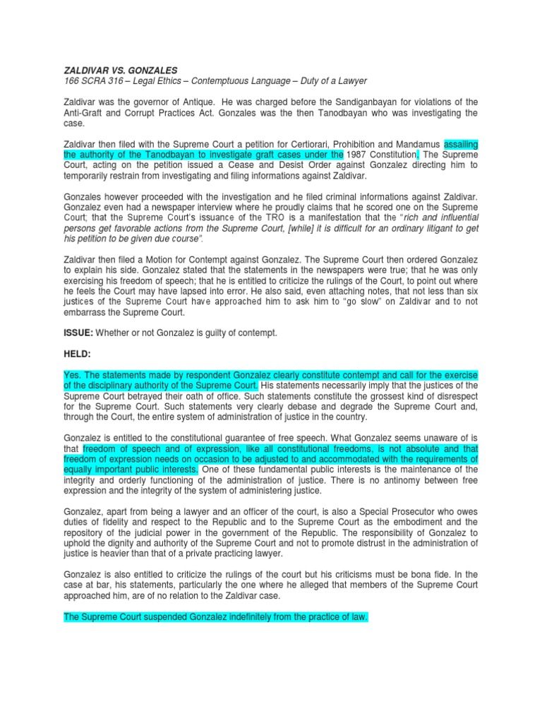 166 SCRA 316 - Legal Ethics - Contemptuous Language - Duty of A Lawyer ...