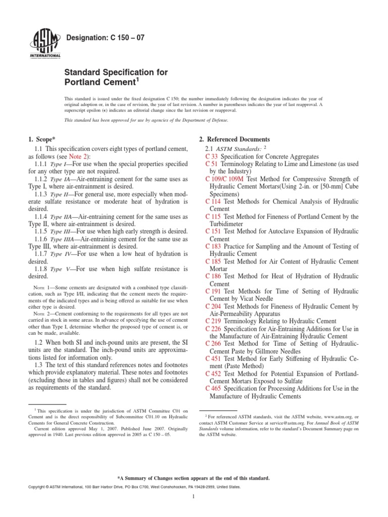 ASTM C150 | Cement | Specification (Technical Standard)