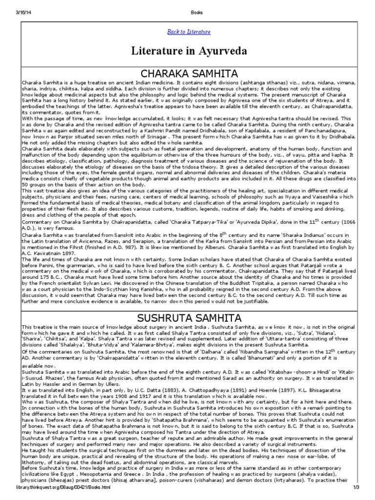 Literature in Ayurveda - Charaka Samhita, Sushruta Samhita and other ...
