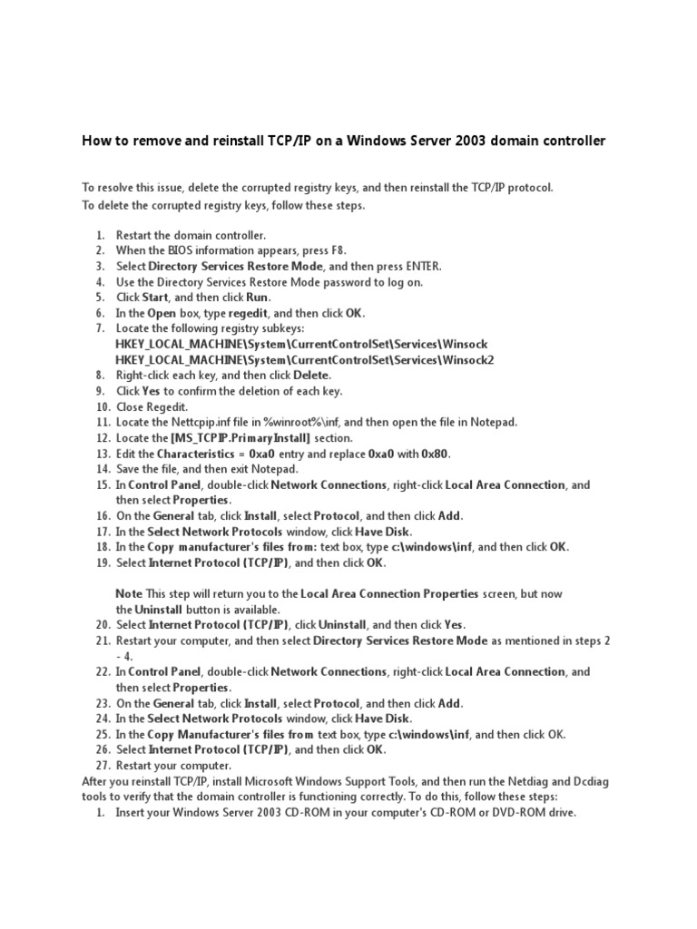 How To Remove and Reinstall TCP | PDF | Windows Registry | Internet ...
