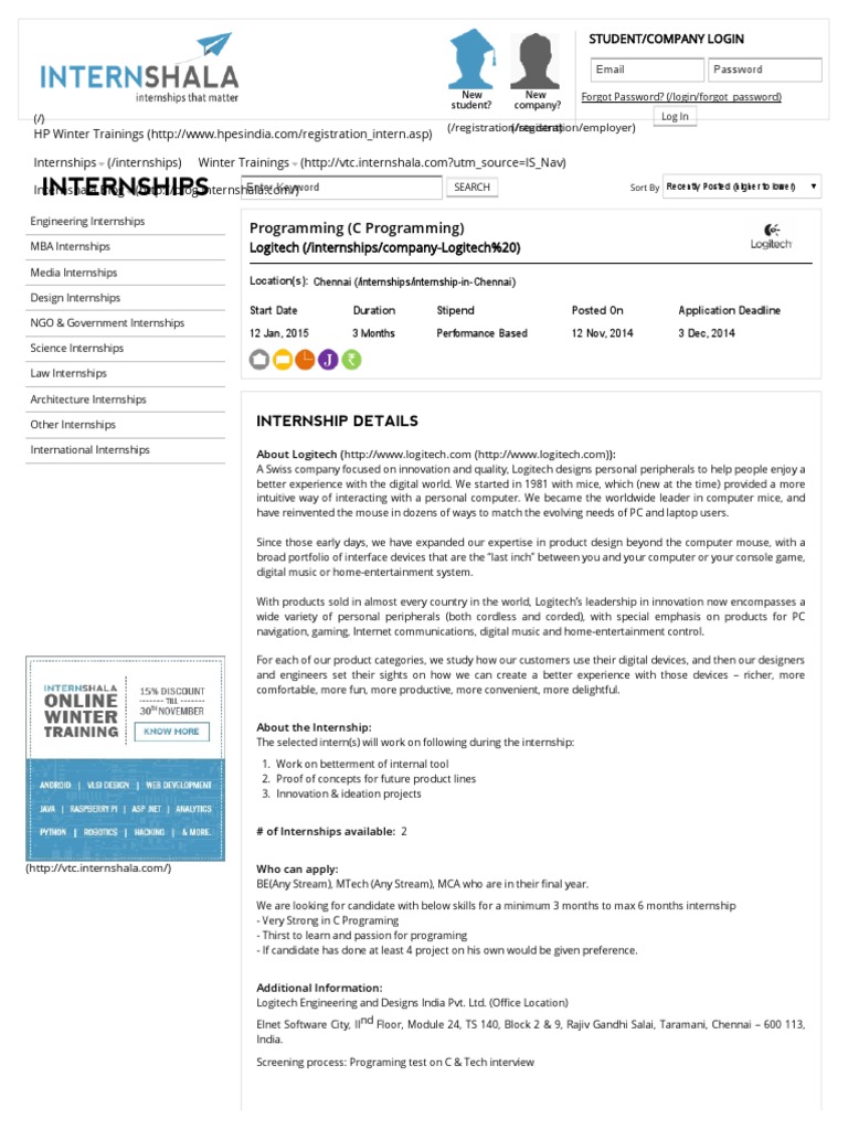 Programming (C Programming) Internship in Chennai at Logitech - Internshala | PDF | Internship ...