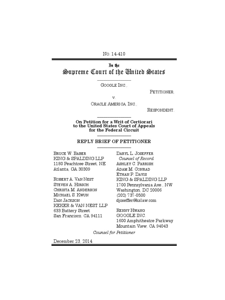 14-12-23 Google Reply Brief in Support of Cert Petition | PDF | Fair Use | Java (Programming ...