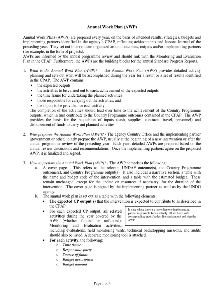Annual Work Plan AWP Format - English | PDF | Monitoring And Evaluation ...