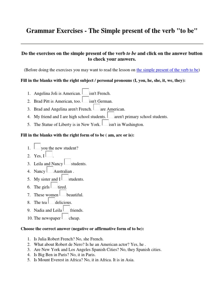 Grammar Exercises - The Simple Present of The Verb "To Be" | PDF ...