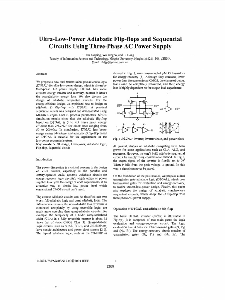 Ultra-Low-Power Adiabatic and Sequential Circuits Using Three-Phase AC Power Supply | PDF | Cmos ...