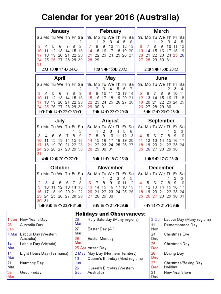 2016 Australian Calendar and Holidays | PDF