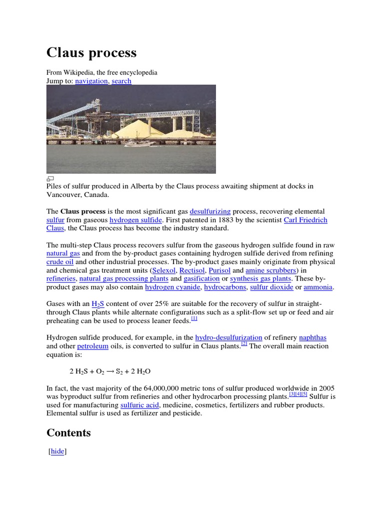 Claus Process: From Wikipedia, The Free Encyclopedia | PDF | Chemical ...