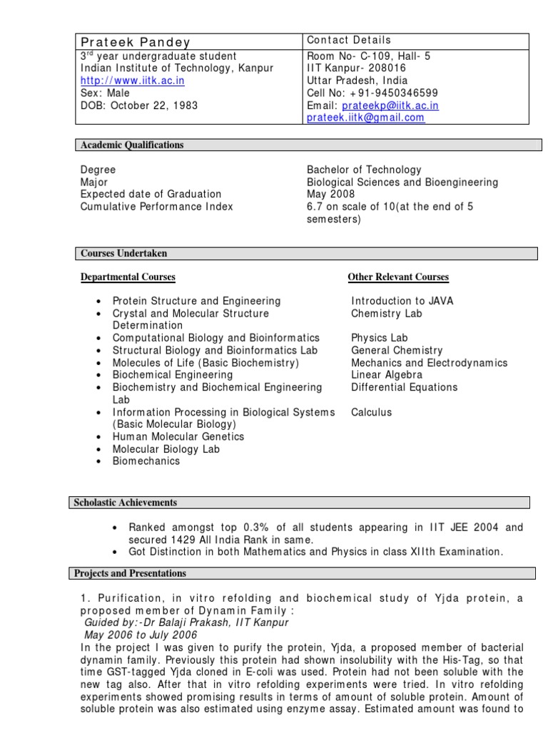 IIT Kanpur Undergraduate Student Resume | PDF | Proteins | Biochemistry