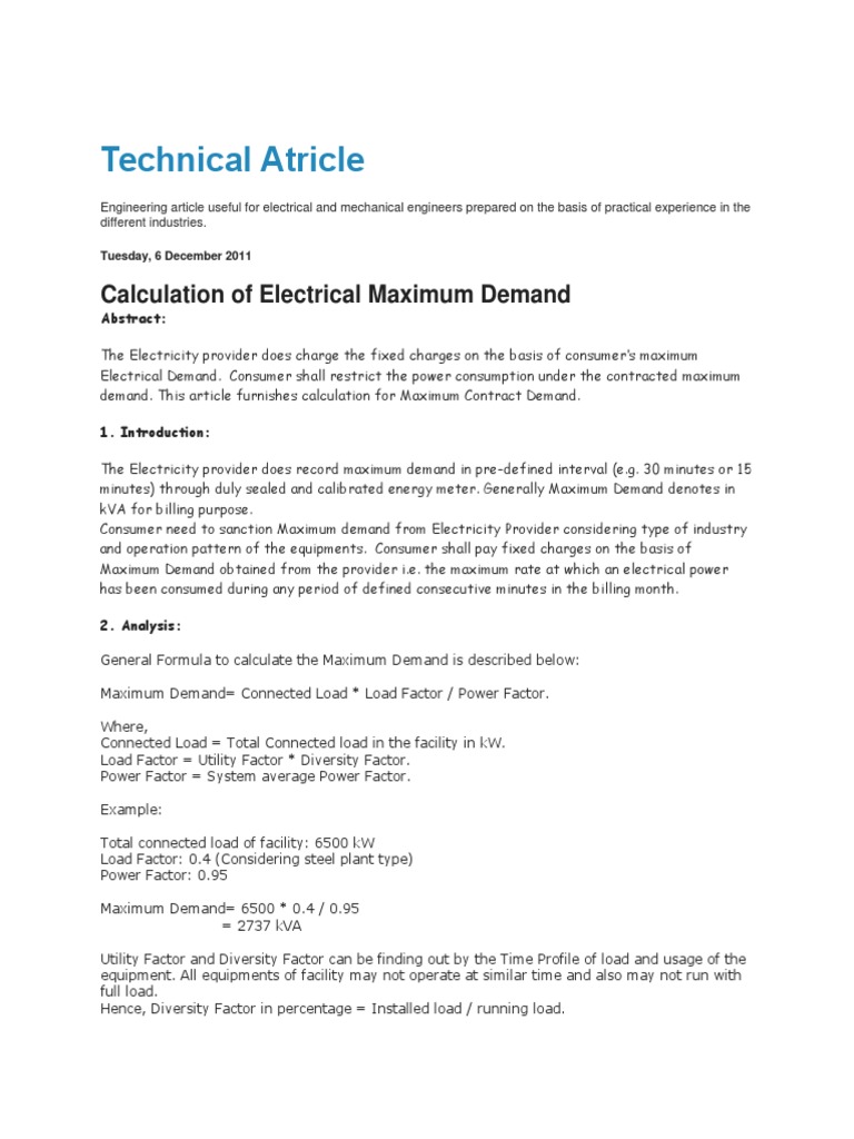 Technical Atricle: Calculation of Electrical Maximum Demand | PDF ...