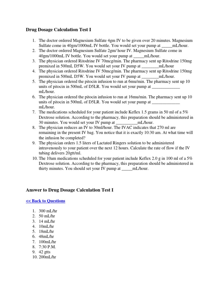Drug Dosage Calculation Test I | PDF | Intravenous Therapy | Pharmacy