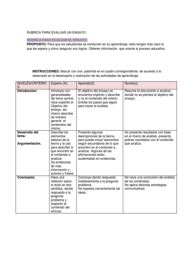 Rubrica para Evaluar Un Ensayo | Descargar gratis PDF | Ensayos ...