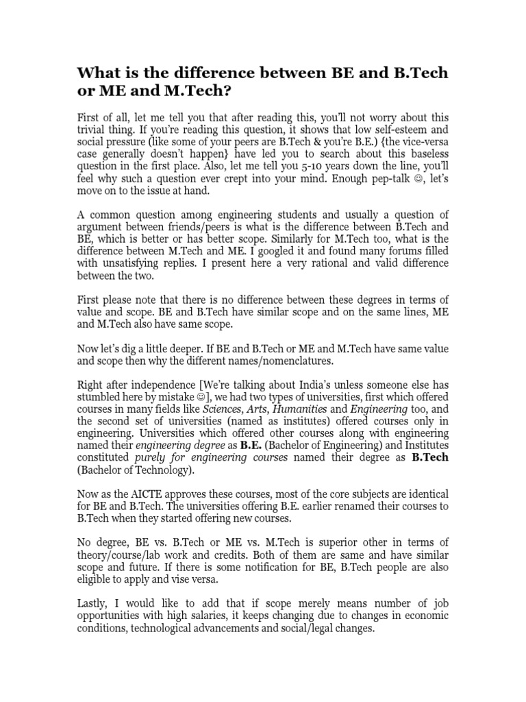 Difference Between BE and BTech | PDF | Academic Degree | Educational ...