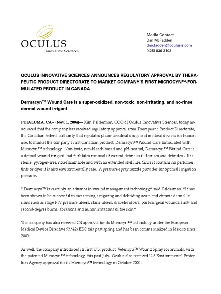 PETALUMA, CA - (Nov. 1, 2004) - Kim Kelderman, COO of Oculus Innovative ...