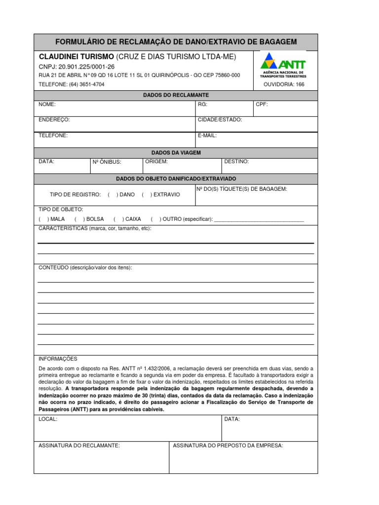 Formulário RIB ANTT