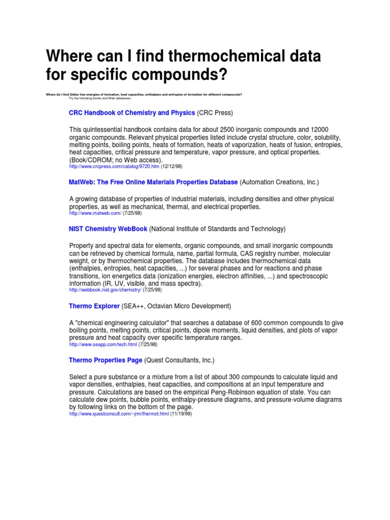 Where Can I Find Thermochemical Data For Specific Compounds? | PDF