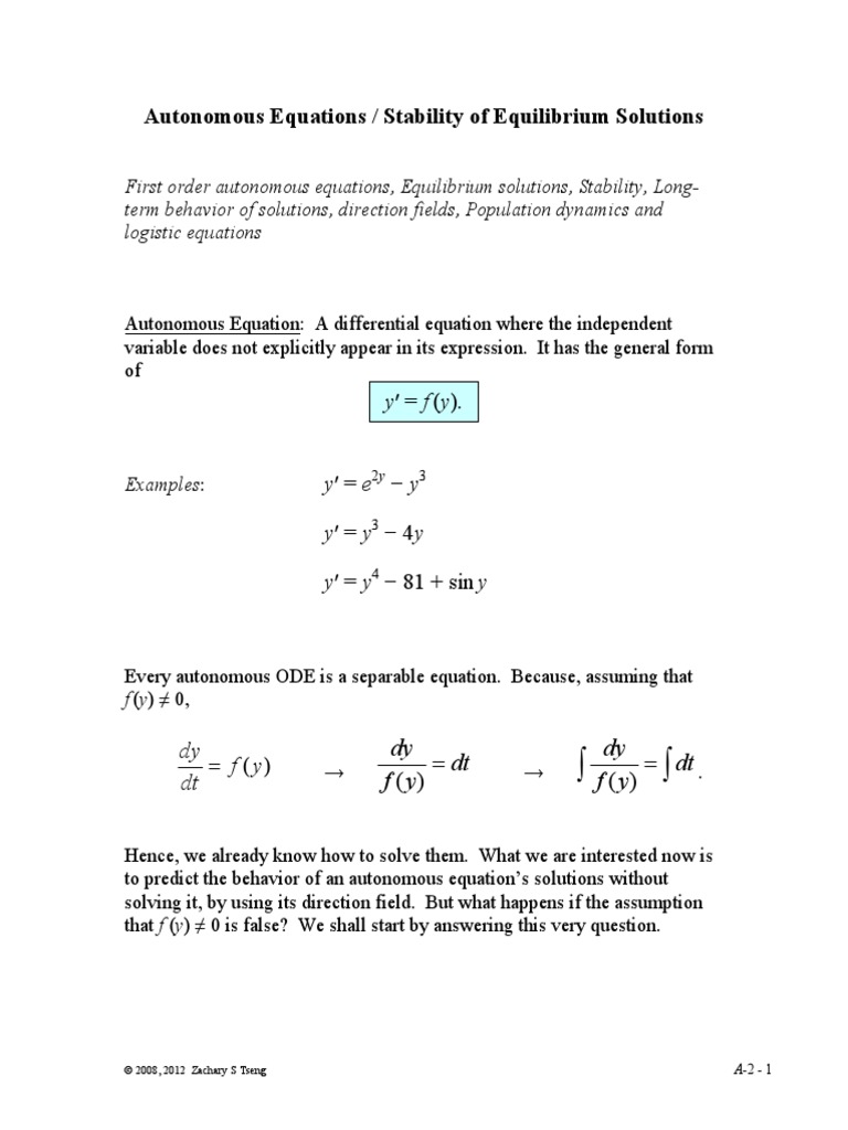 Autonomous Equations / Stability of Equilibrium Solutions | PDF ...