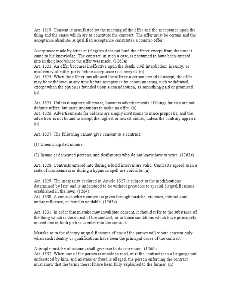 Art. 1319. Consent Is Manifested by The | PDF | Offer And Acceptance | Misrepresentation