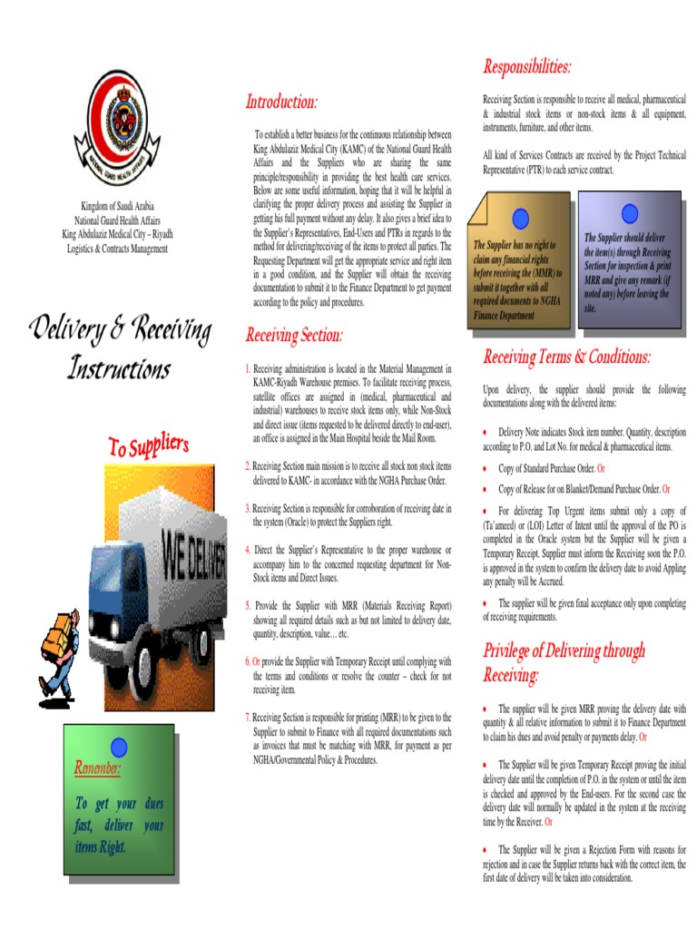 Delivery Receiving Instructions | Warehouse | Stocks