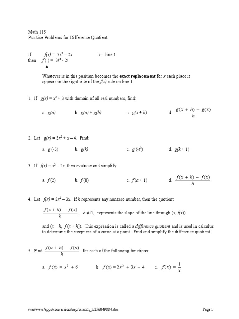 Differnce Quotients Worksheet | Slope | Calculus