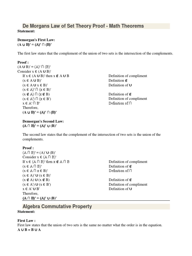 De Morgan's Laws in Set Theory Proofs | PDF | Second Law Of ...