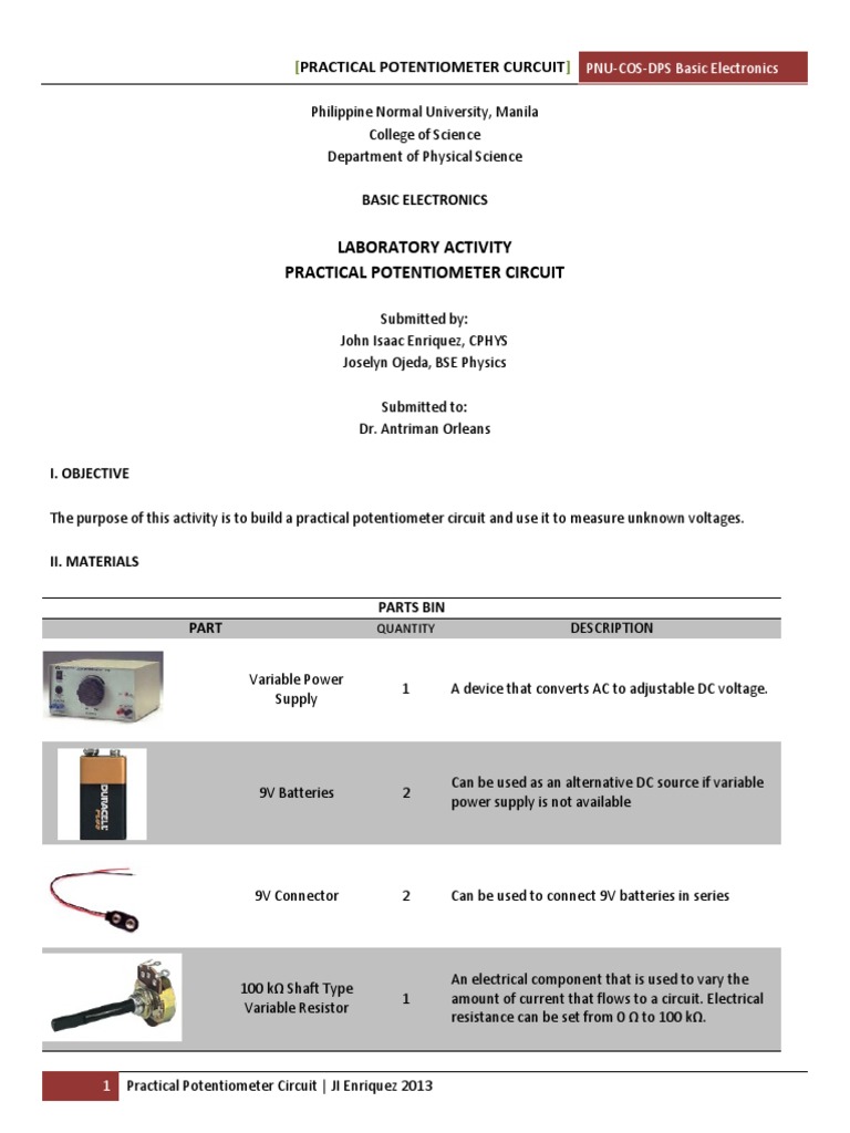 Electronics Lab: Potentiometer Circuit | PDF | Resistor | Voltage