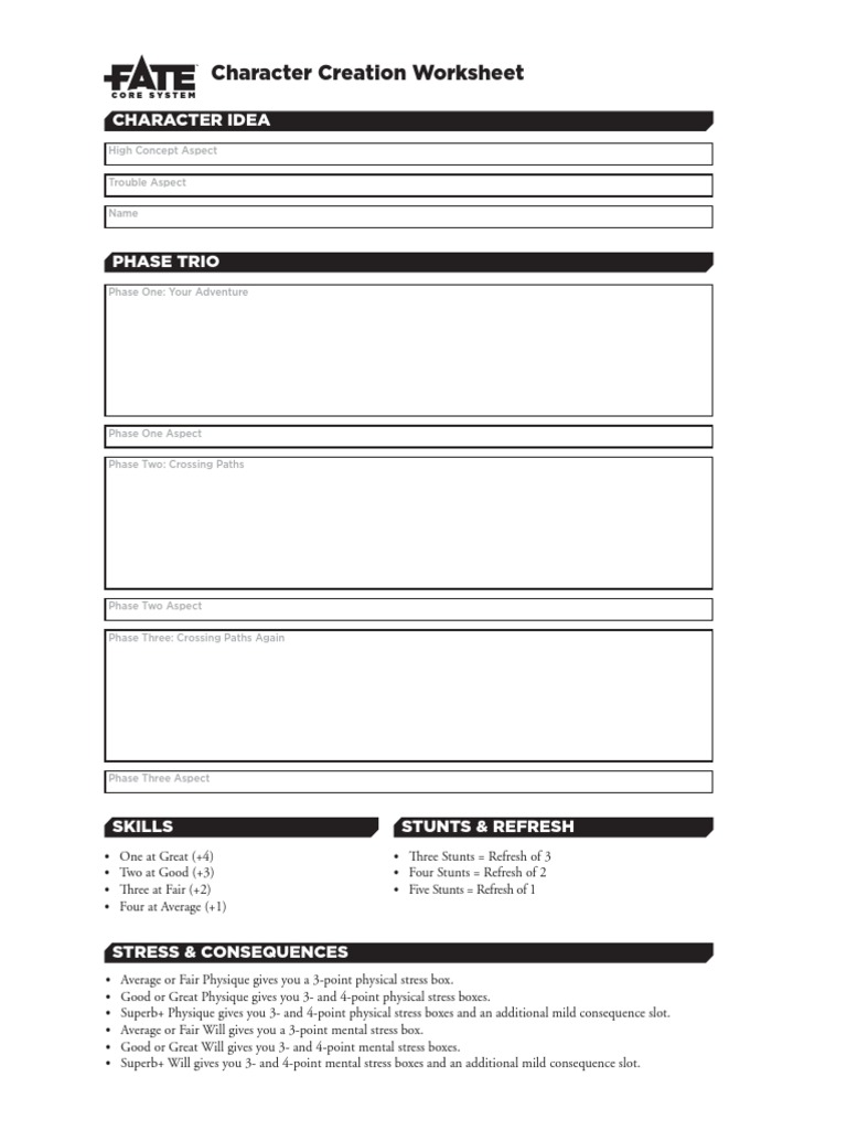 Fate Core Character Creation Worksheet | PDF