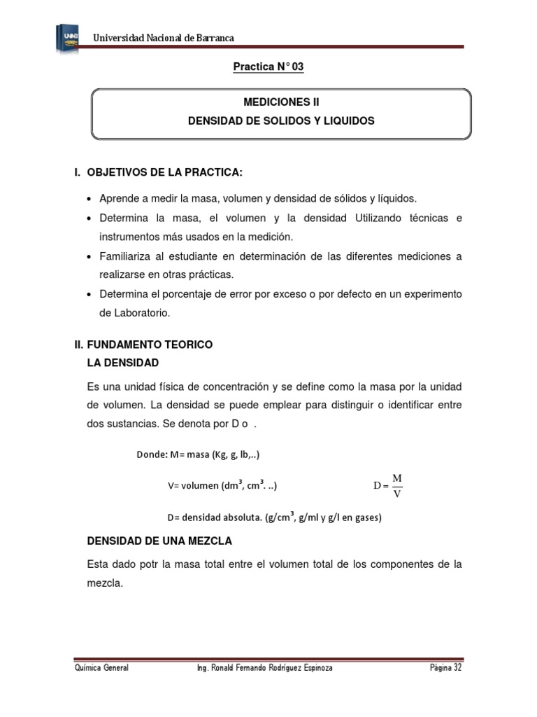 Lab 03 Mediciones II Densidad Liquidos y Solidos | PDF | Densidad | Masa Lab 03 Mediciones II Densidad Liquidos y Solidos | PDF | Densidad | Masa