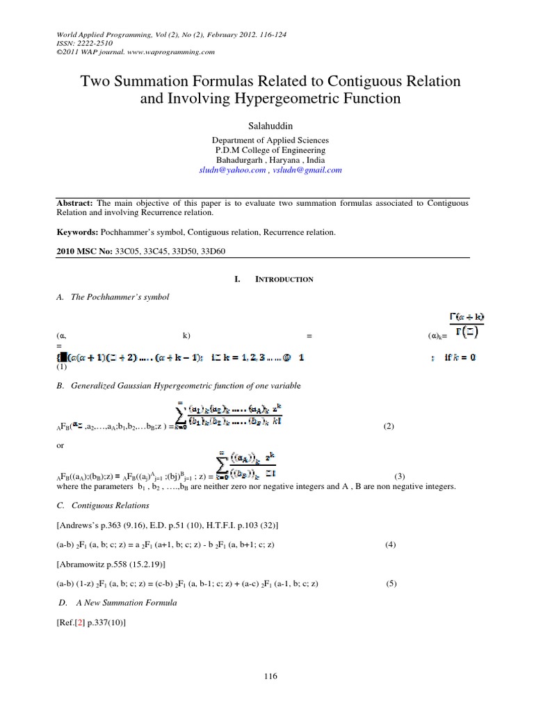 Two Summation Formulas Related To Contiguous Relation And Involving Hypergeometric Function