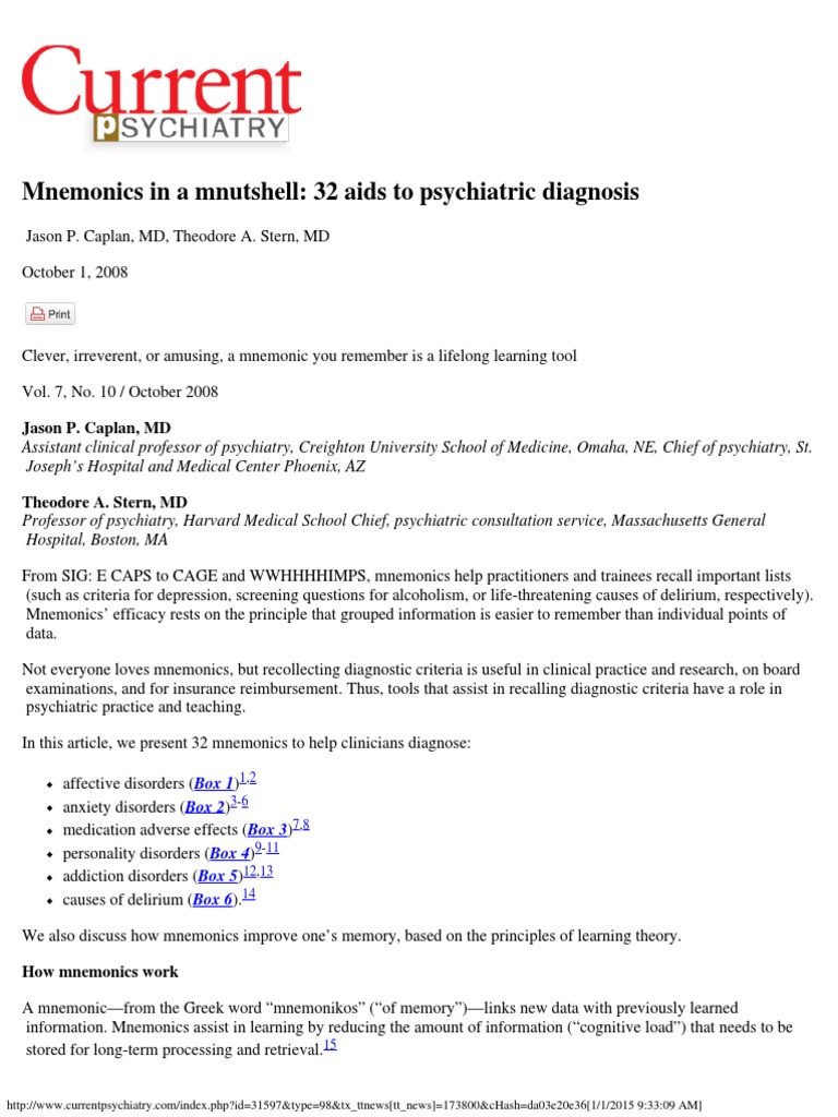 Mnemonics in A Mnutshell - 32 Aids To Psychiatric Diagnosis - Current ...
