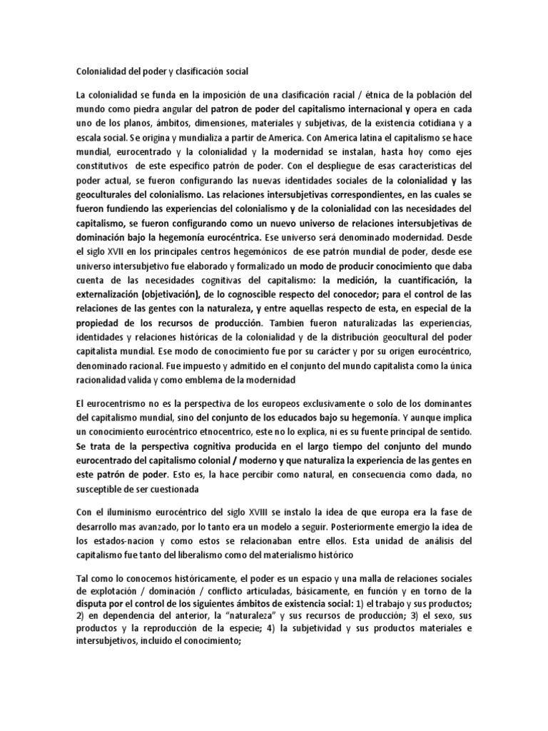 Colonialidad Del Poder Resumen Anibal Quijano | PDF | Raza ...